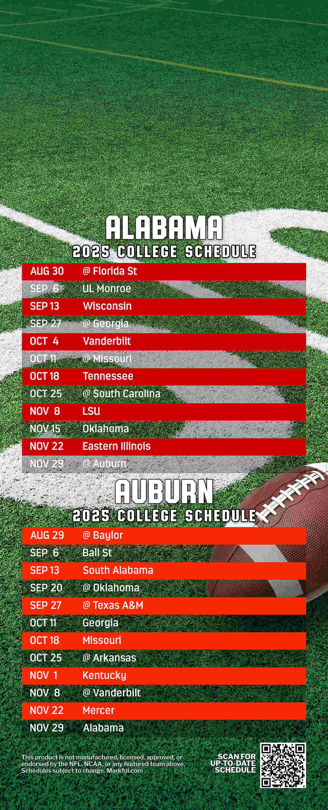 2025 QuickStix Football Magnets - U of Alabama/Auburn U | Markful